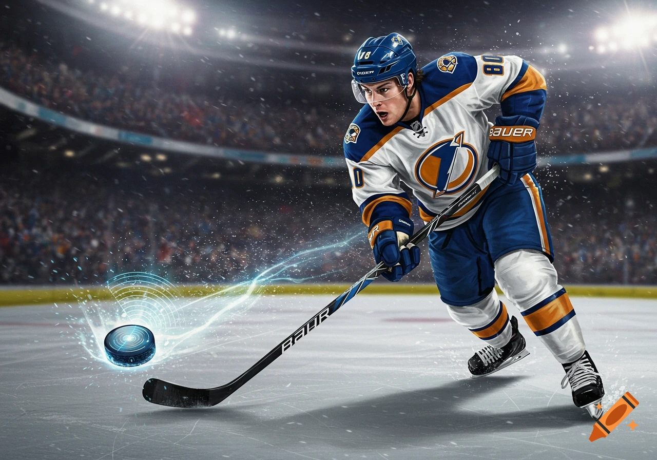 A hockey player skates on the ice, shooting a puck with a glowing radar ...