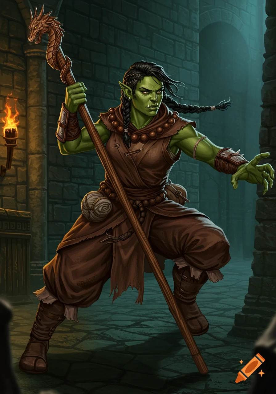 Female half-orc monk with staff in a dungeon, digital painting on Craiyon