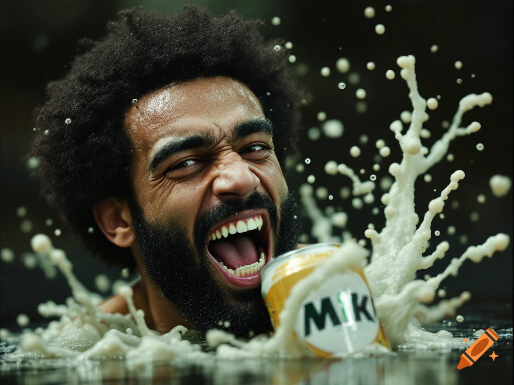 Close-up of a man with an intense expression splashing liquid from a can. on Craiyon