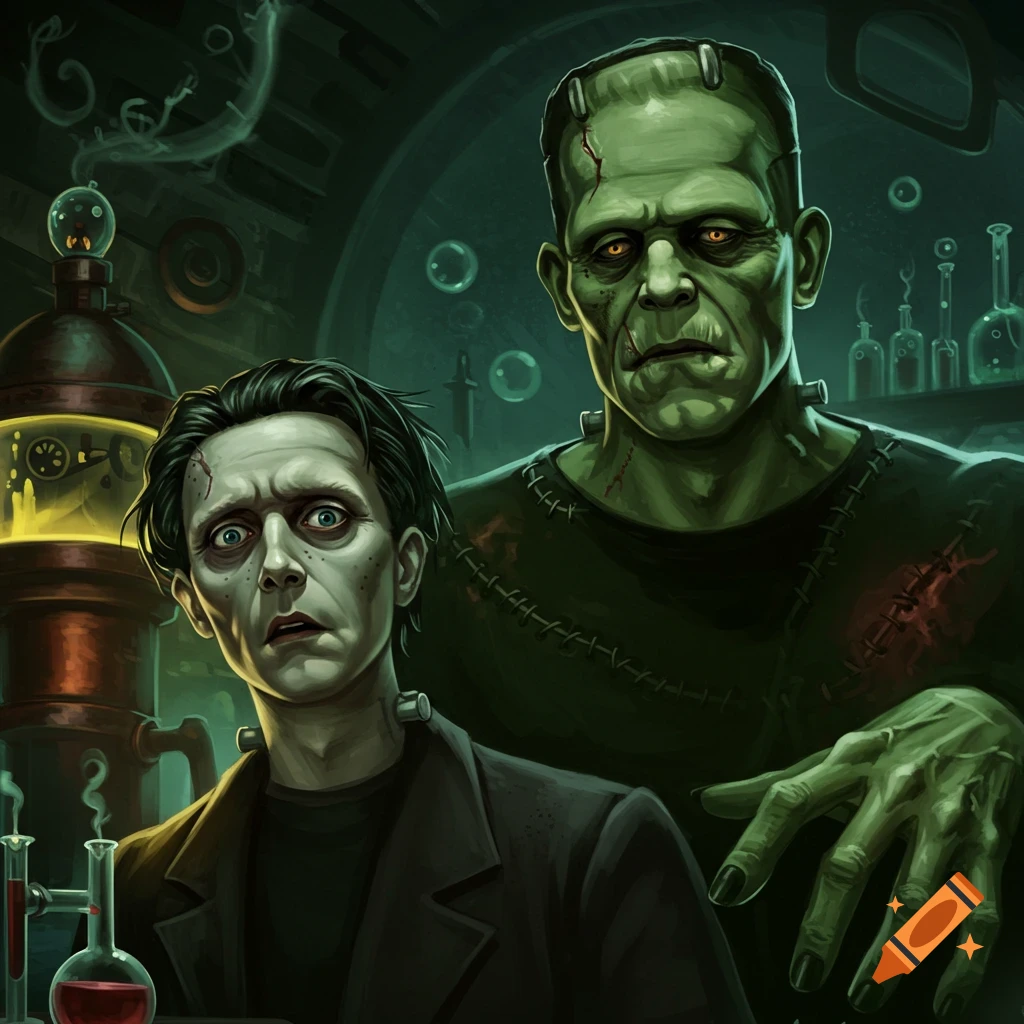 Illustration of Dr. Frankenstein looking shocked with the monster ...