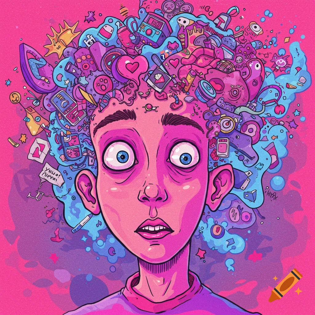 Cartoon illustration of a person's head exploding with random objects ...