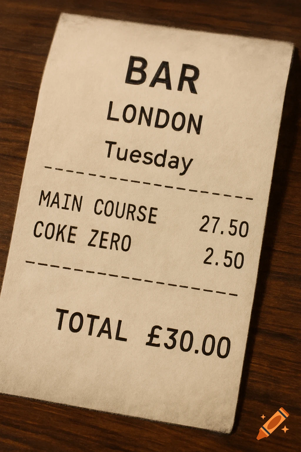 Close-up photo of a bar receipt listing a main course and Coke Zero ...