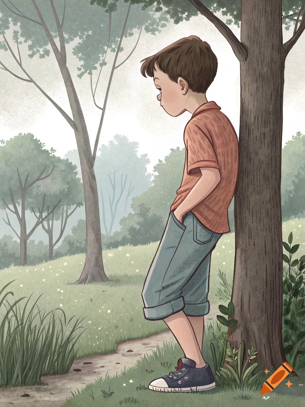 Illustration of a boy leaning against a tree in a grassy park on Craiyon