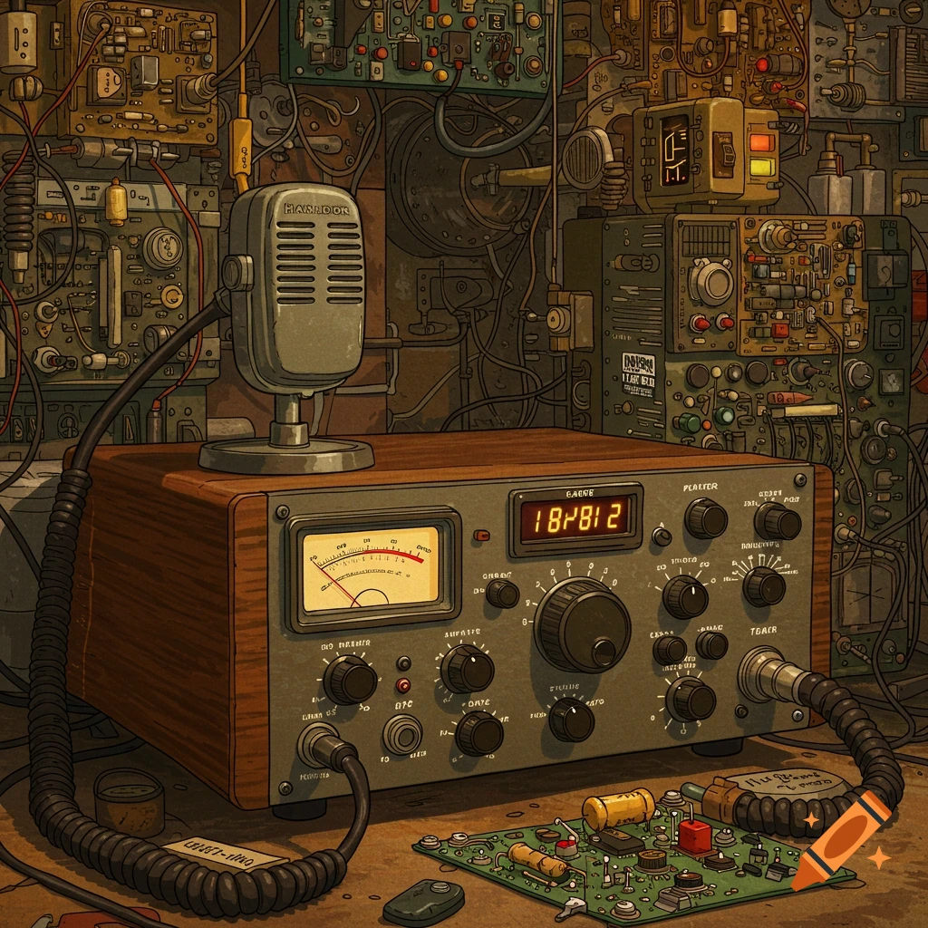 A detailed, close-up view of a cluttered ham radio setup with a ...