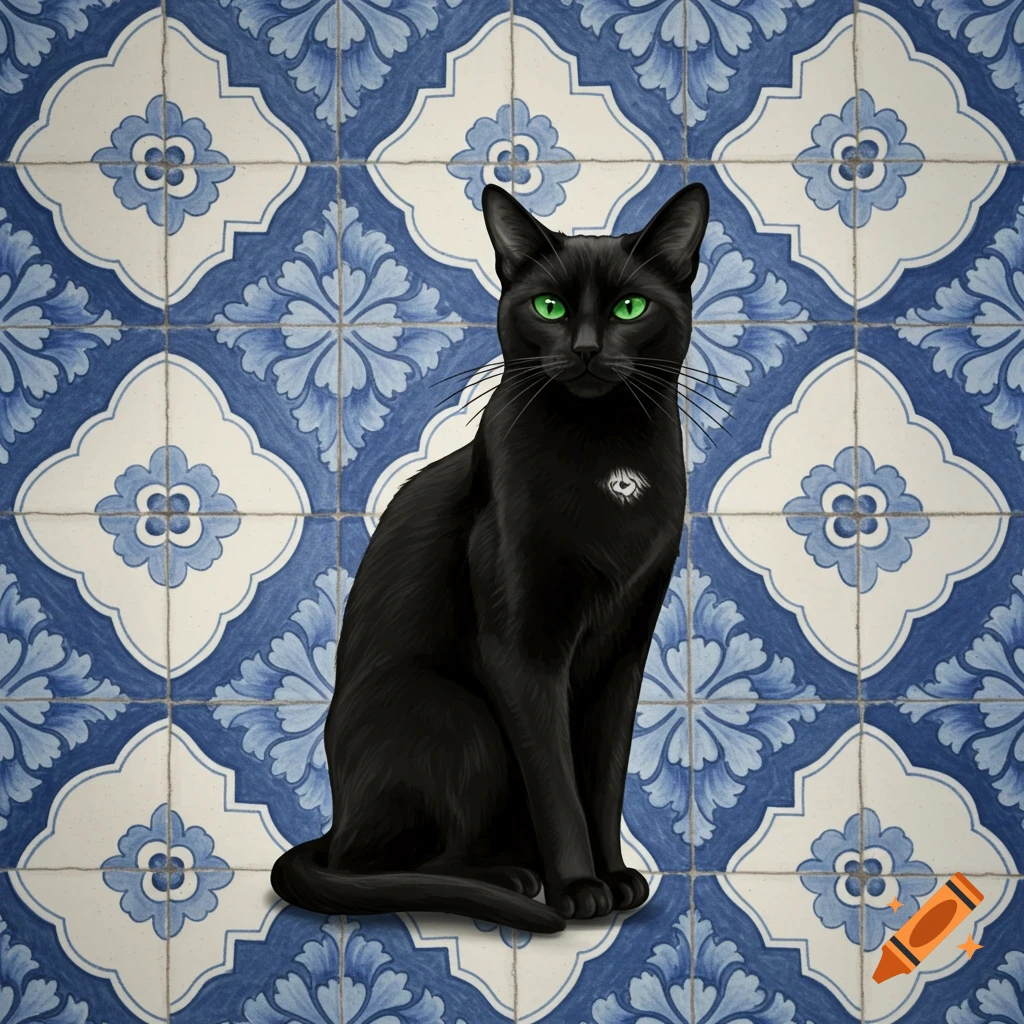 Black cat with green eyes sits in front of blue and white Portuguese ...