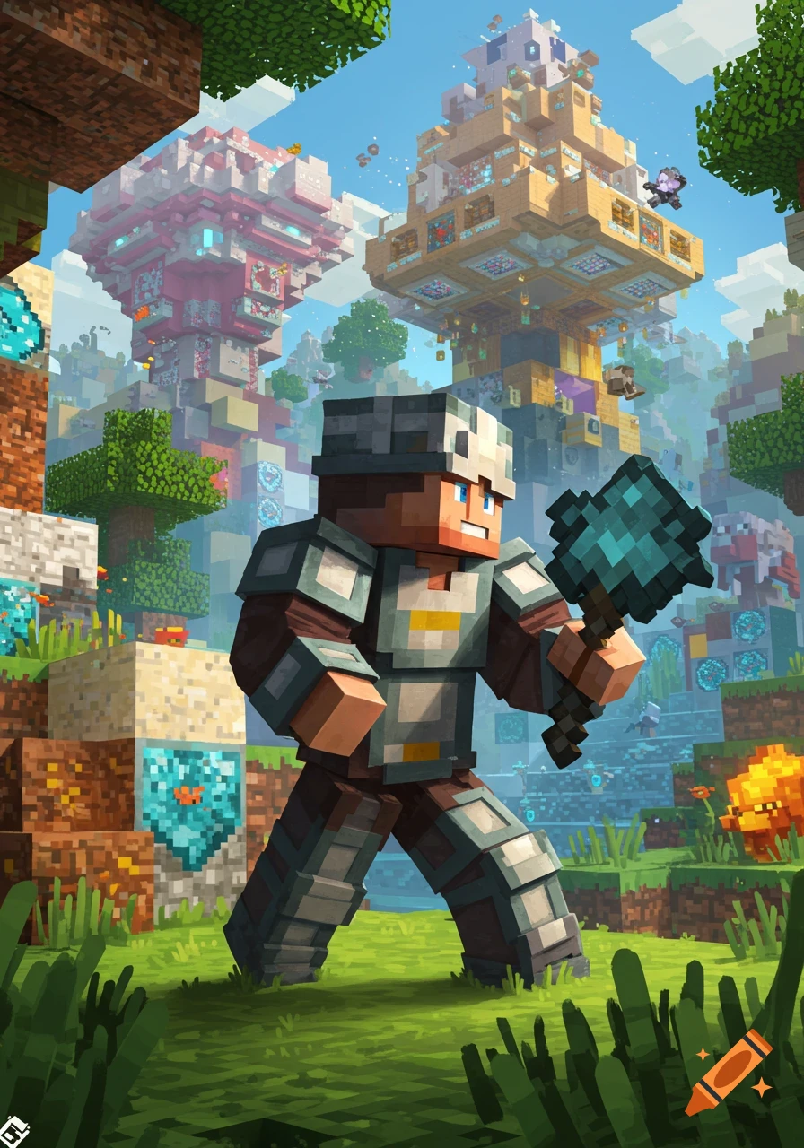 Minecraft character in armor holding a hammer, standing in a world with ...