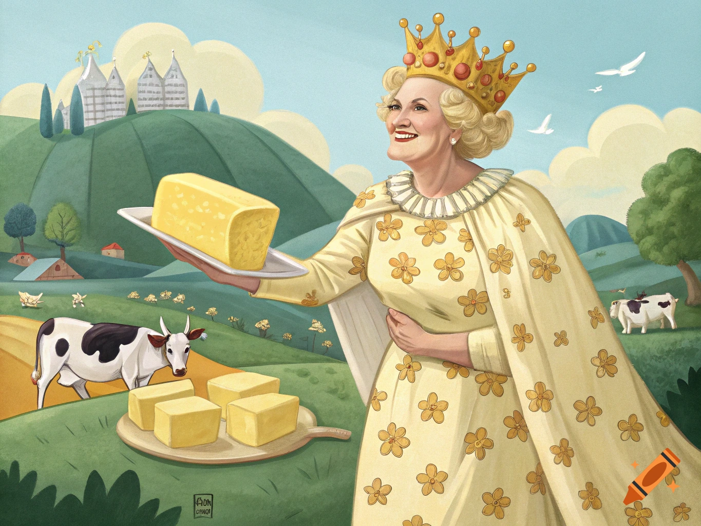 Illustration of a queen in a yellow floral gown holding butter in a ...
