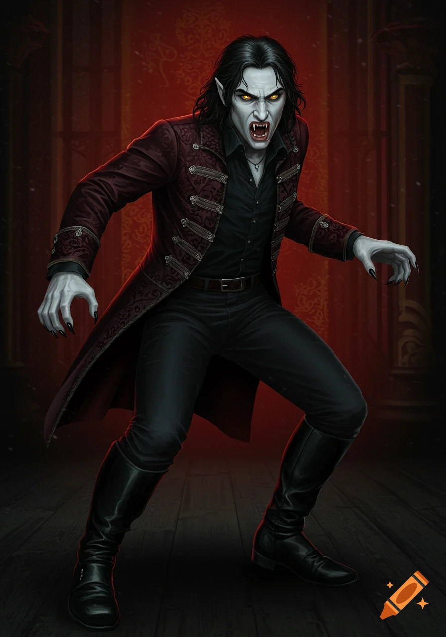 Digital painting of a male vampire with fangs and glowing eyes, wearing ...