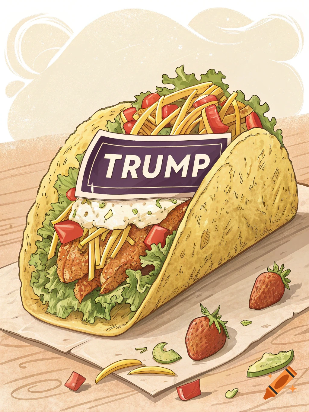 Stylized illustration of a taco with a TRUMP banner, served with ...