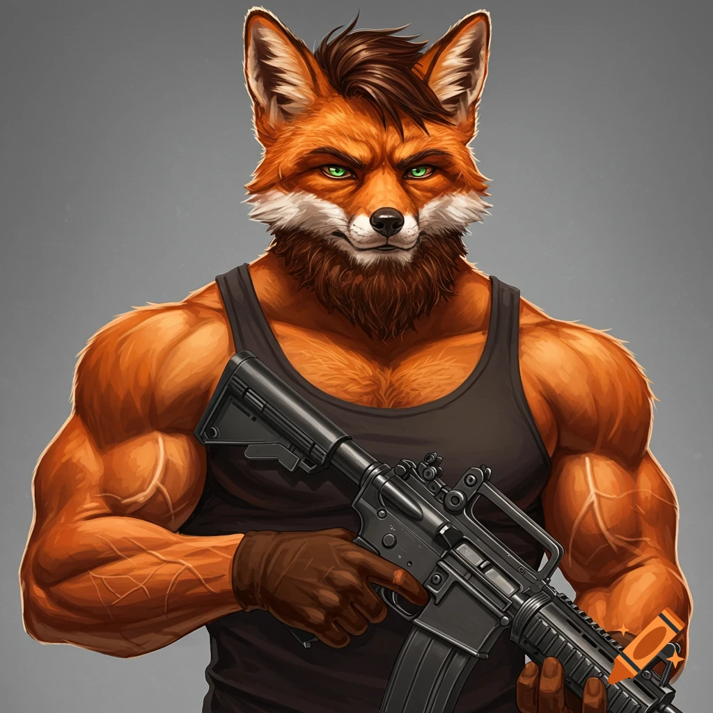 Muscular anthropomorphic red fox in a tank top holding an assault rifle ...