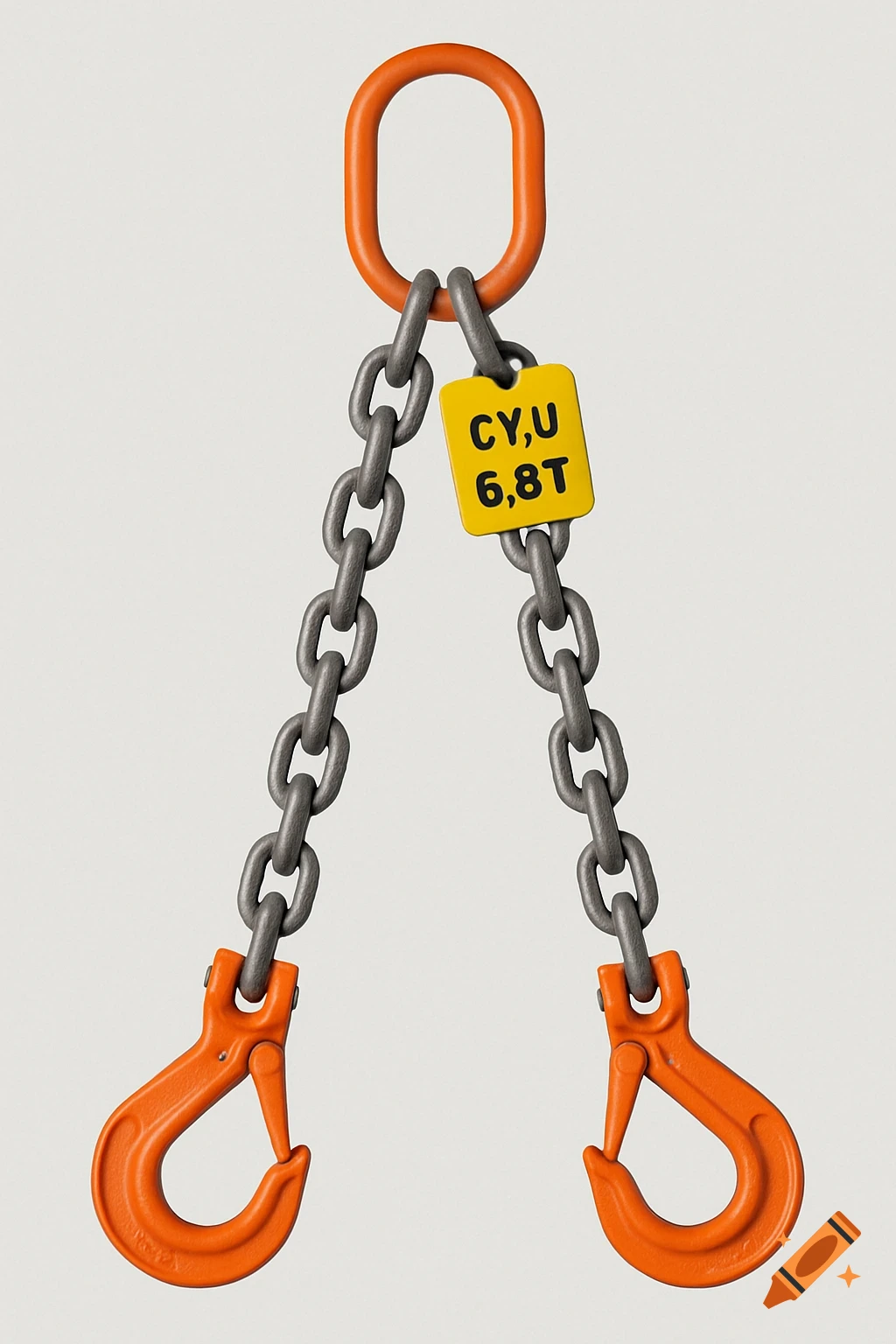 Lifting chain sling with orange hooks and a yellow tag on Craiyon