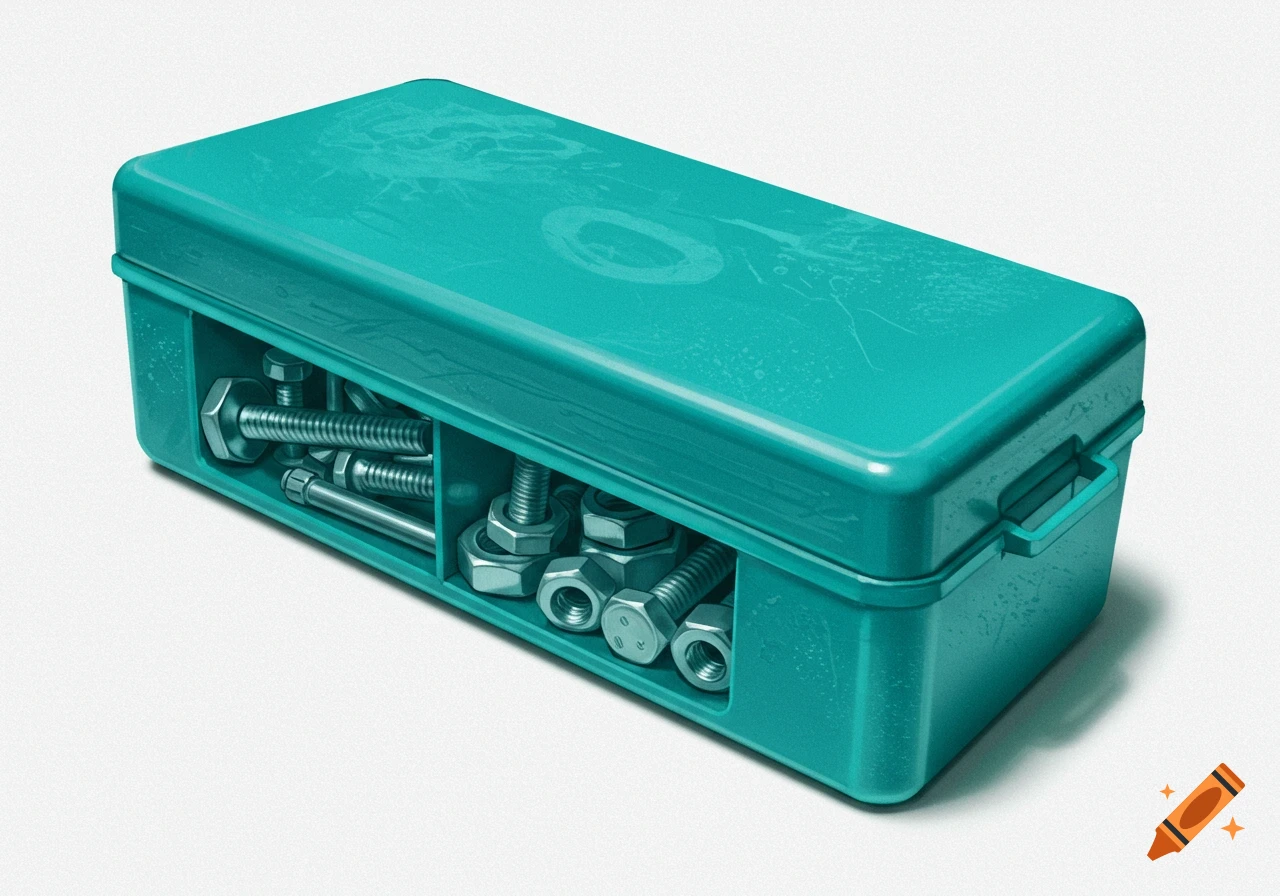 A turquoise plastic toolbox filled with various metal bolts and nuts ...