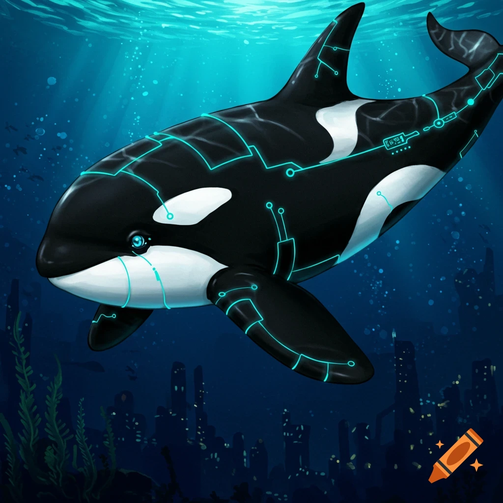 A mechanical orca with glowing blue circuits swims underwater in a ...