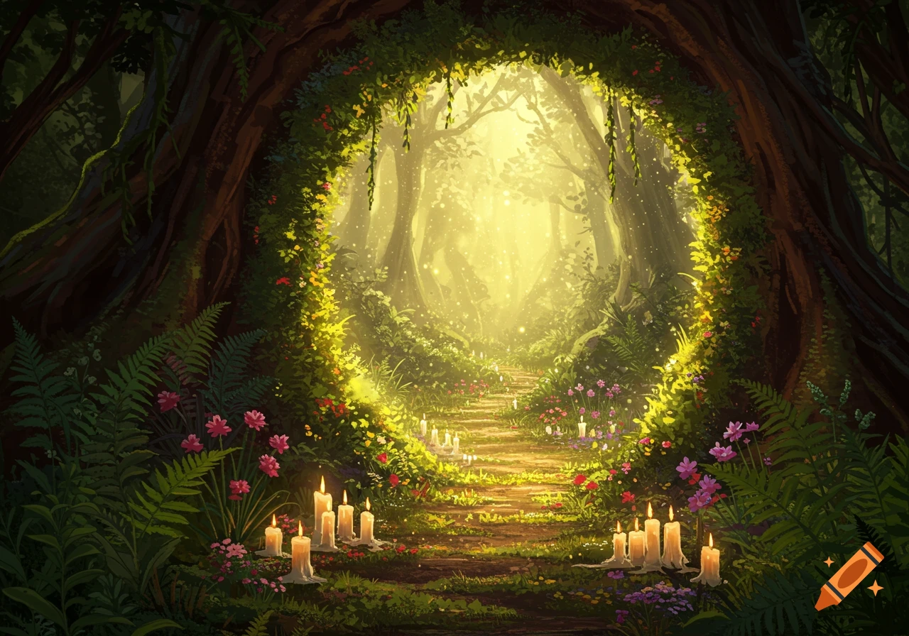 Magical forest path lined with candles and flowers, sunlight shining ...