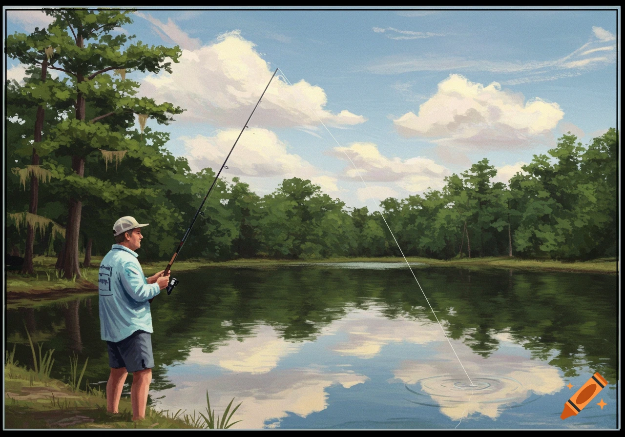Painting of a man fishing in a lake surrounded by trees under a cloudy ...