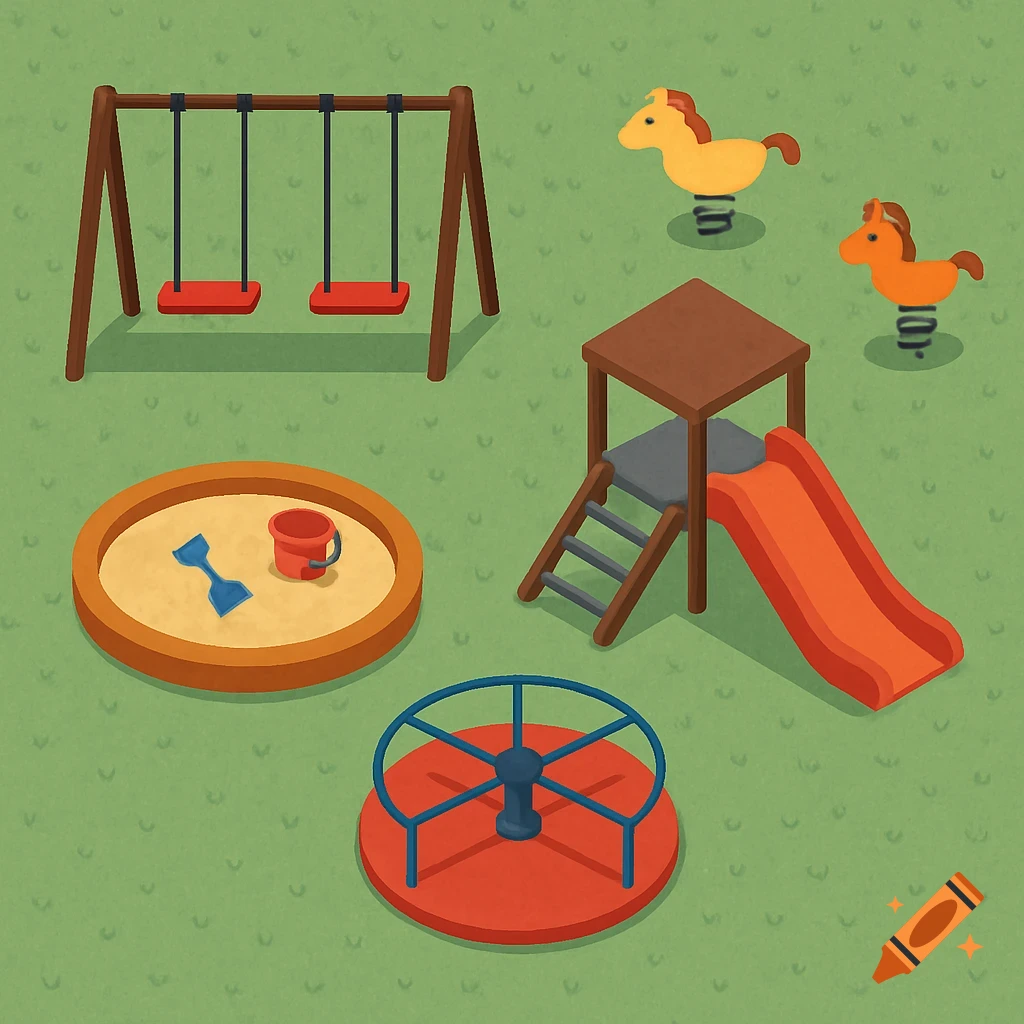 An isometric illustration of a playground with swings, slide, sandbox ...