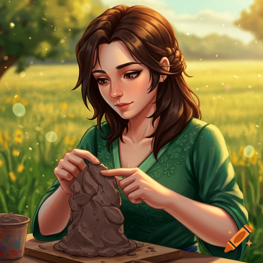 Stylized portrait of a woman sculpting clay in a sunny field. on Craiyon
