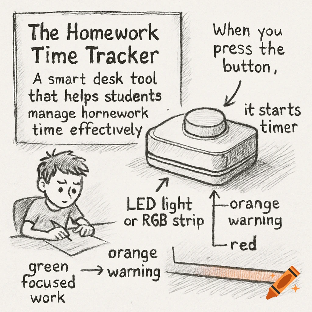 Sketch illustration of a homework time tracker device with labels. on ...
