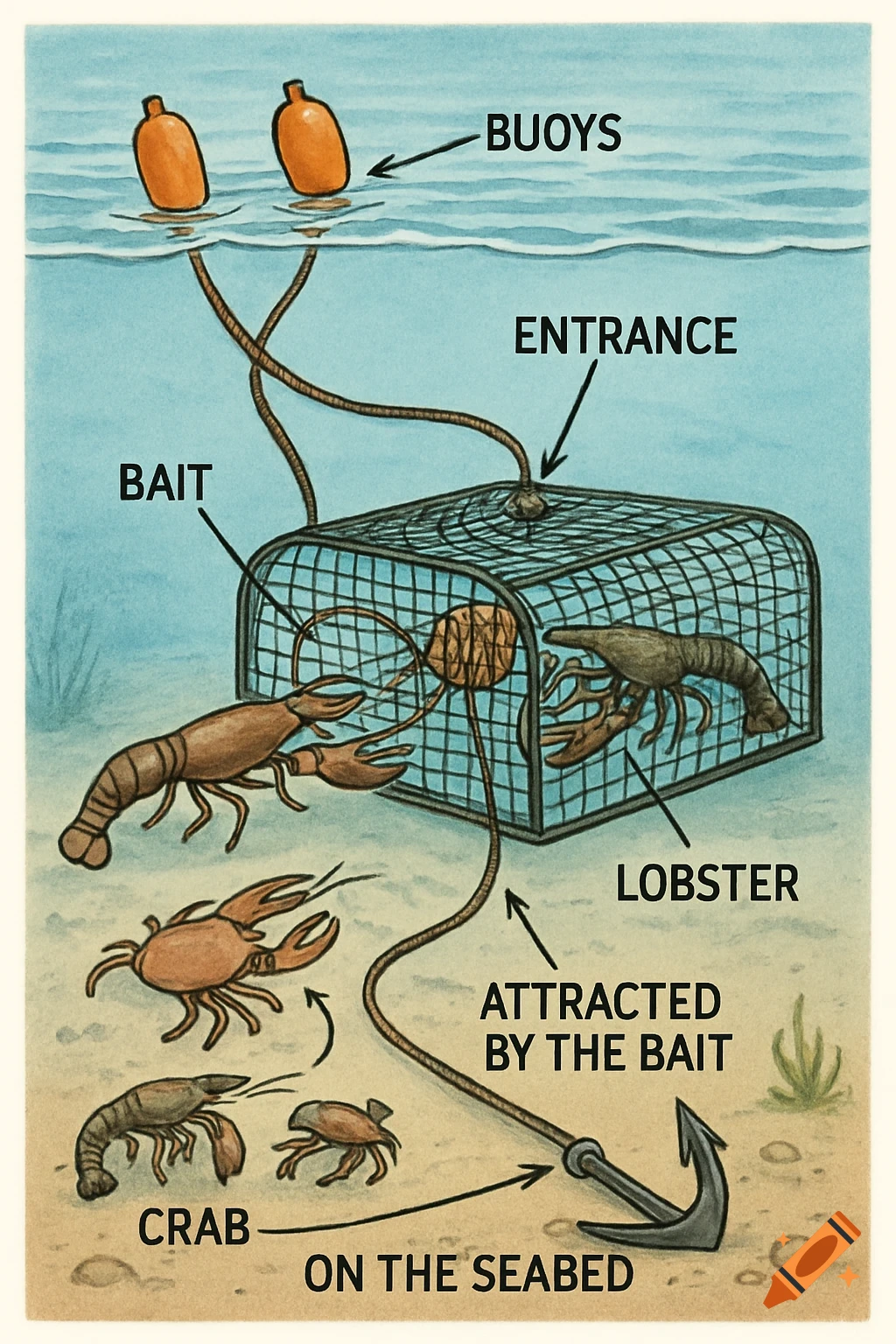 Illustration diagram showing a lobster and crab trap underwater with ...