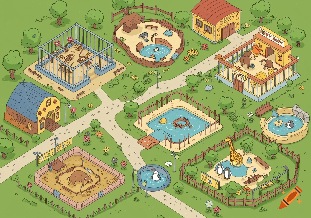 Isometric cartoon zoo with various animal enclosures and animals. on ...