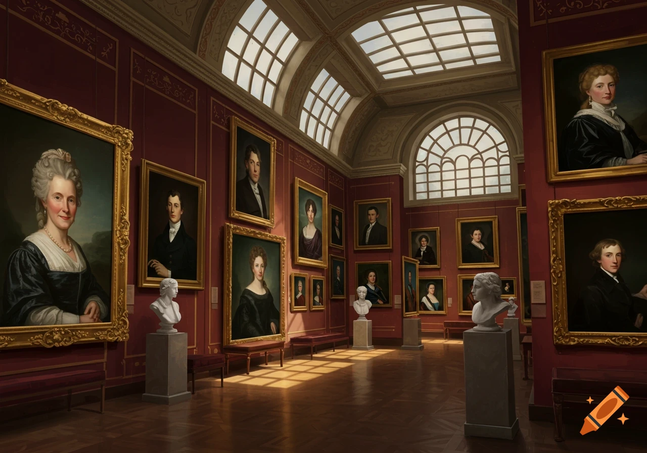 Interior view of a grand art gallery filled with framed 19th-century ...