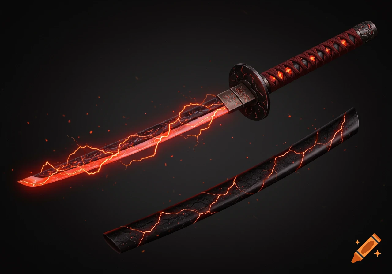 A dark katana sword crackling with red lightning energy, on a black ...
