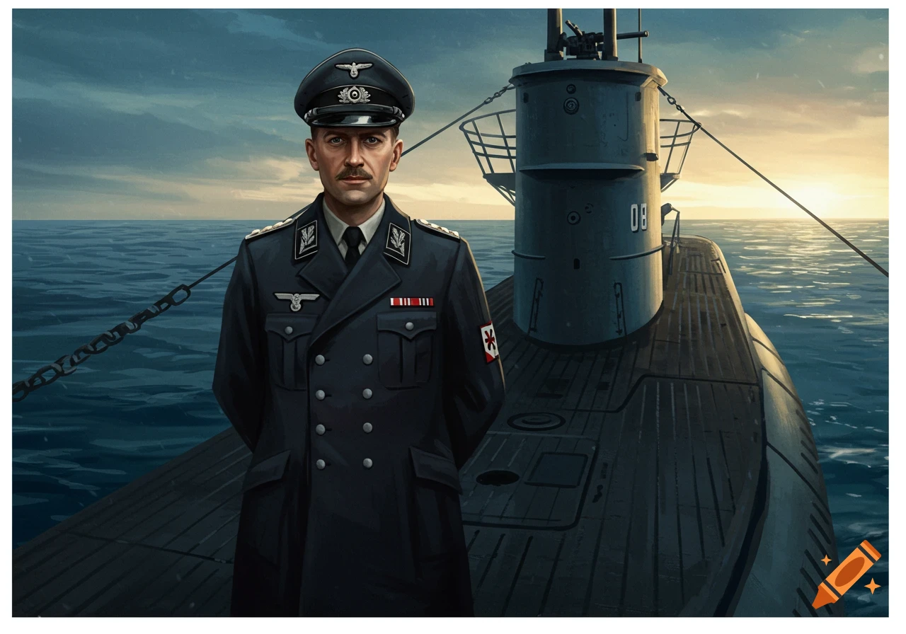 A man in a WW2 German U-boat commander's dress uniform stands before ...