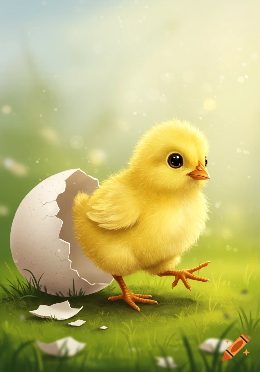 A cute yellow baby chick steps out of a cracked eggshell on grassy ...