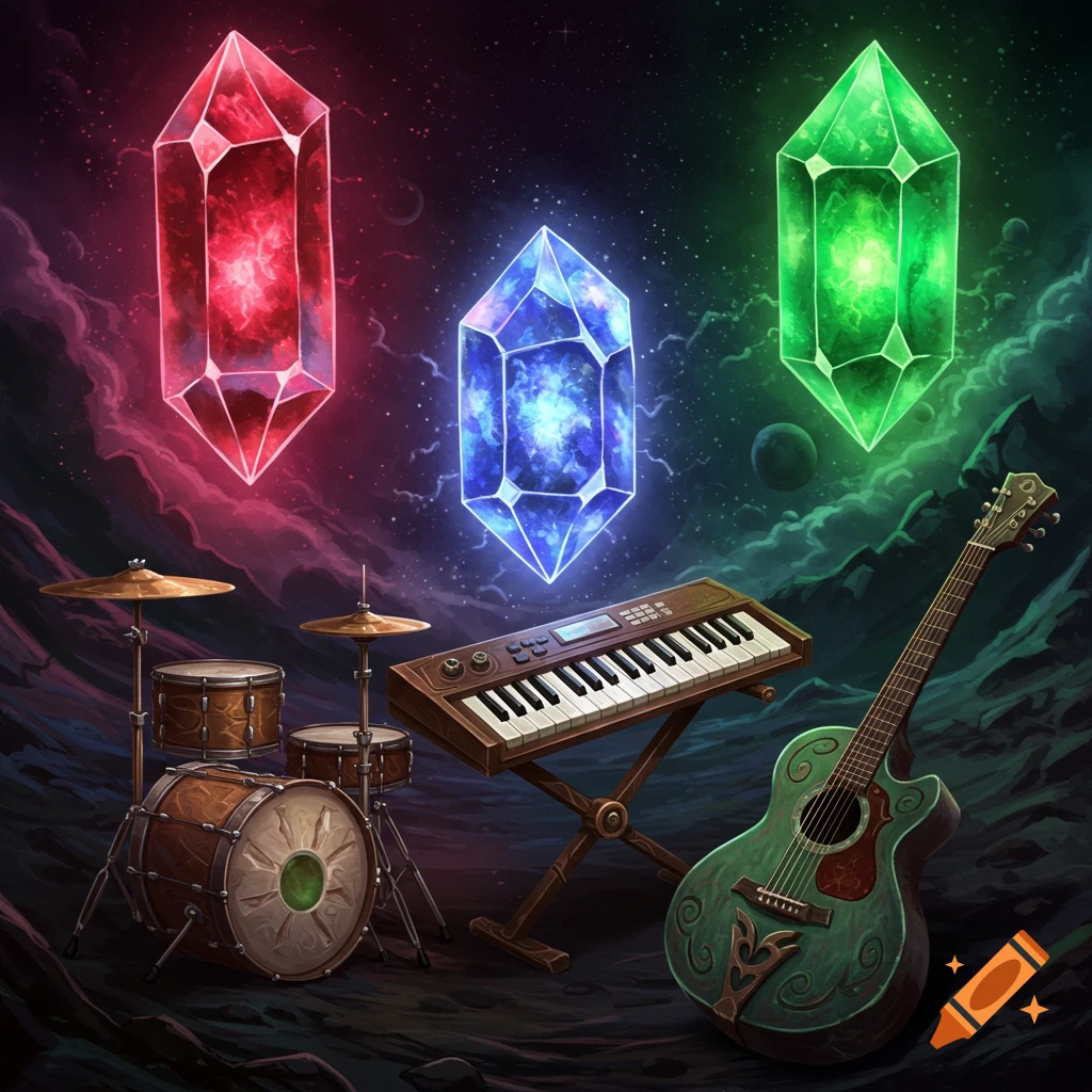 Three glowing mystical crystals hover over a drum set, keyboard, and ...