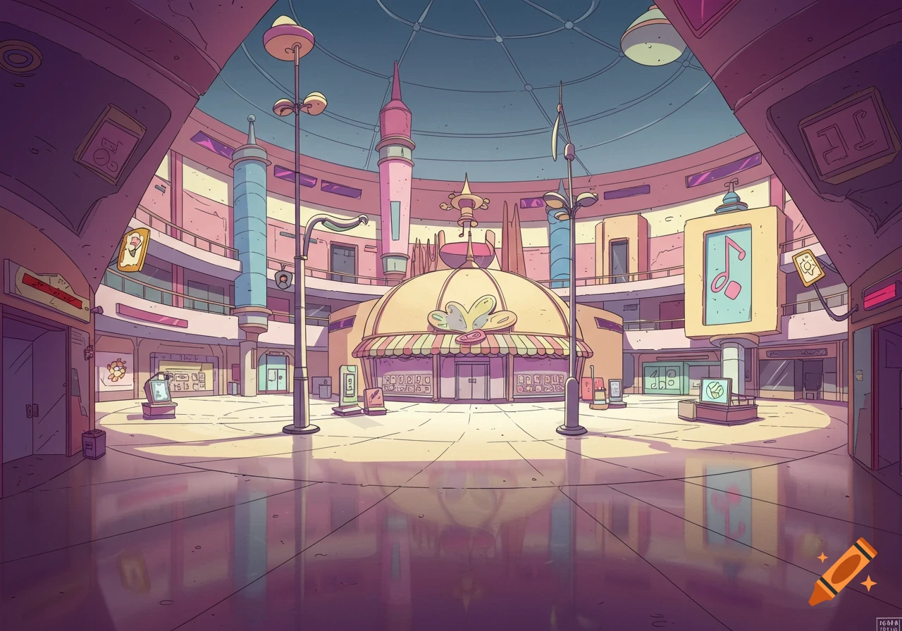 Cartoon illustration of a massive, empty sci-fi shopping center with a ...