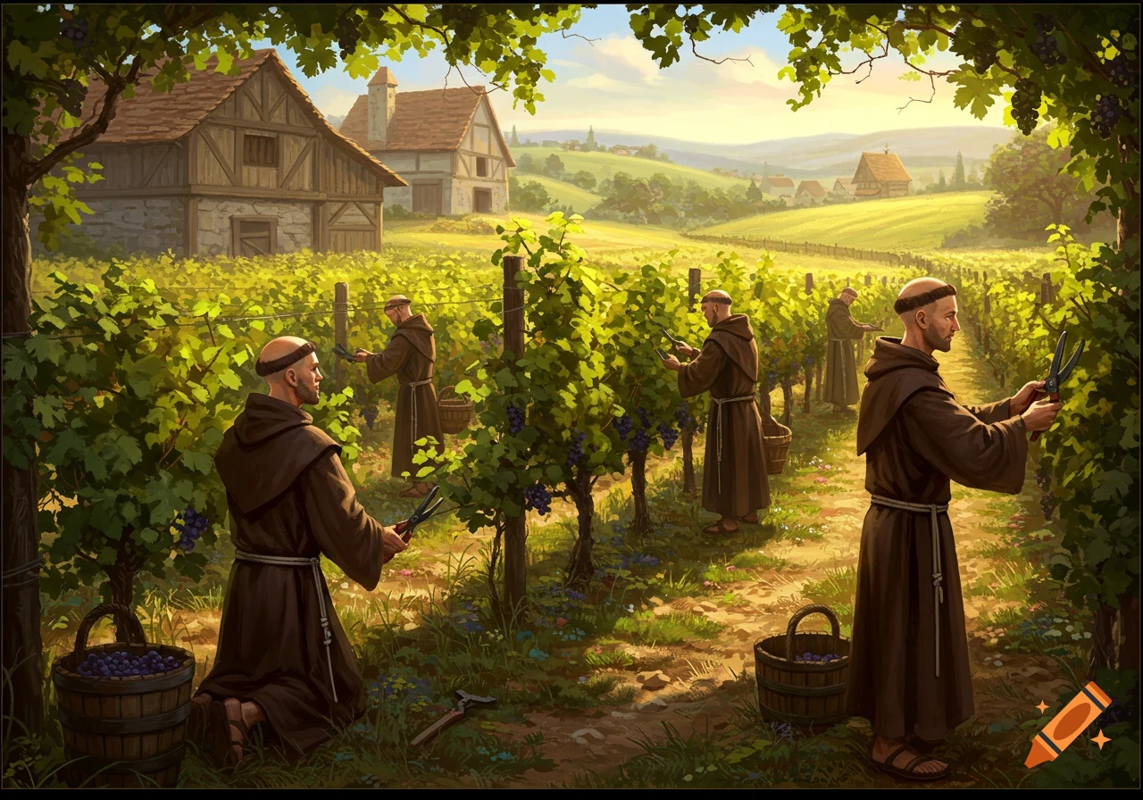 Monks harvest grapes in a sunny medieval vineyard. on Craiyon