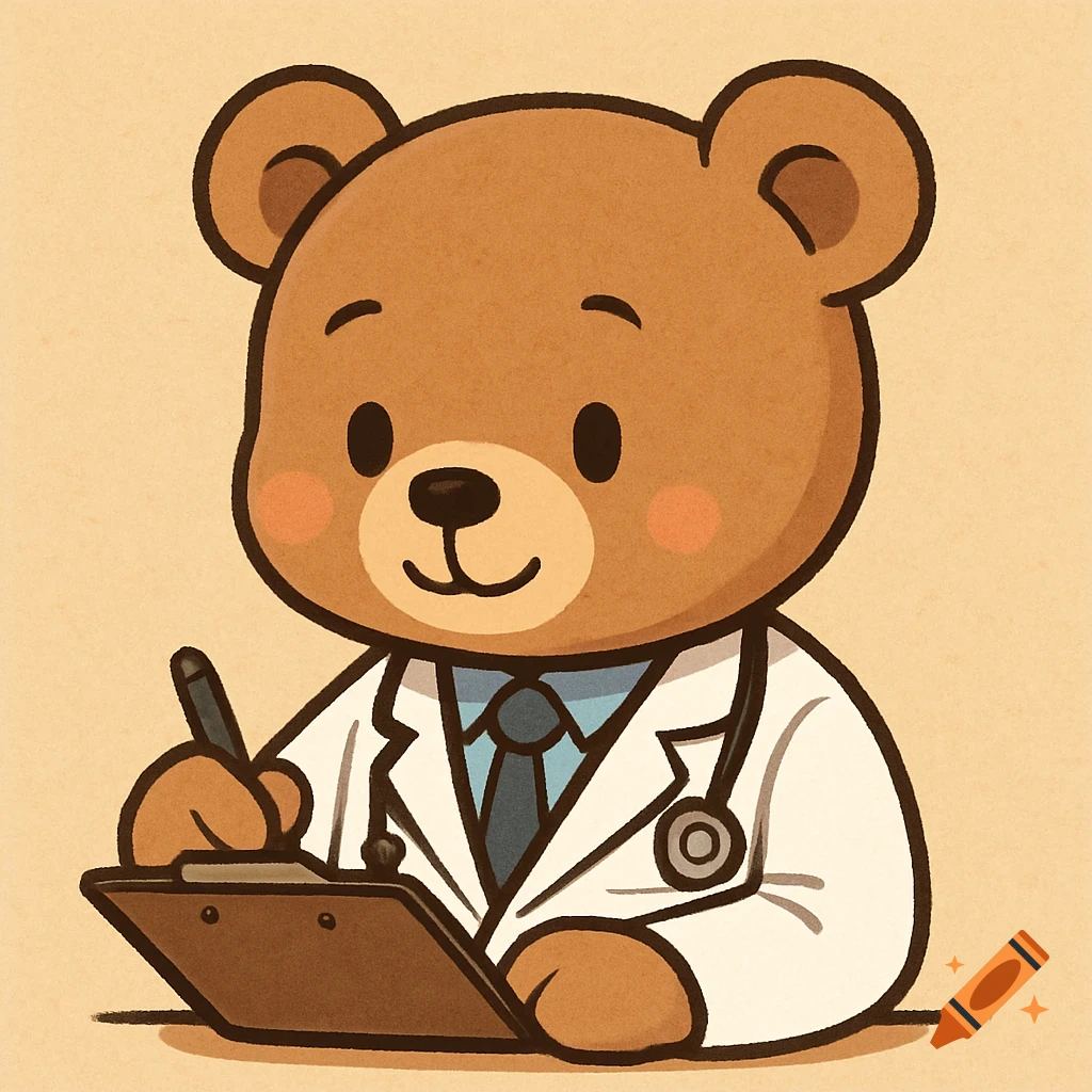 Cartoon teddy bear dressed as a doctor writing on a clipboard. on Craiyon