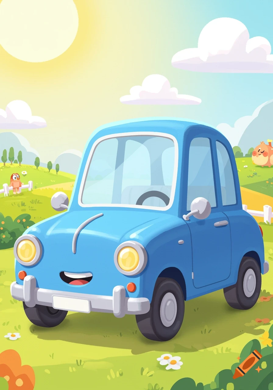 A blue cartoon car with a happy face drives through a sunny, green ...