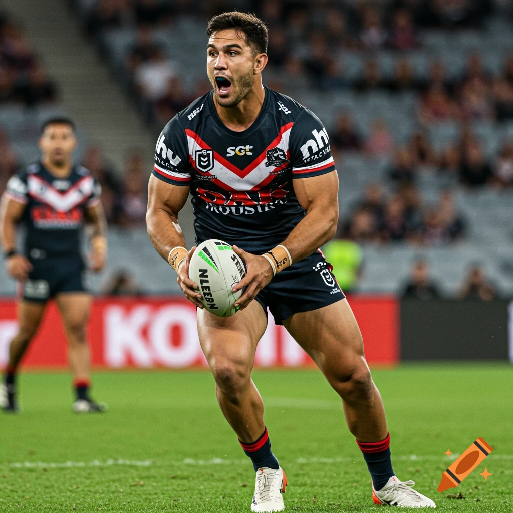 Australian NRL player running with the ball on a field during a game on ...