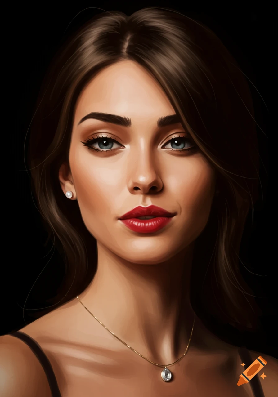 A close-up portrait of a woman with long brown hair, blue eyes, red ...