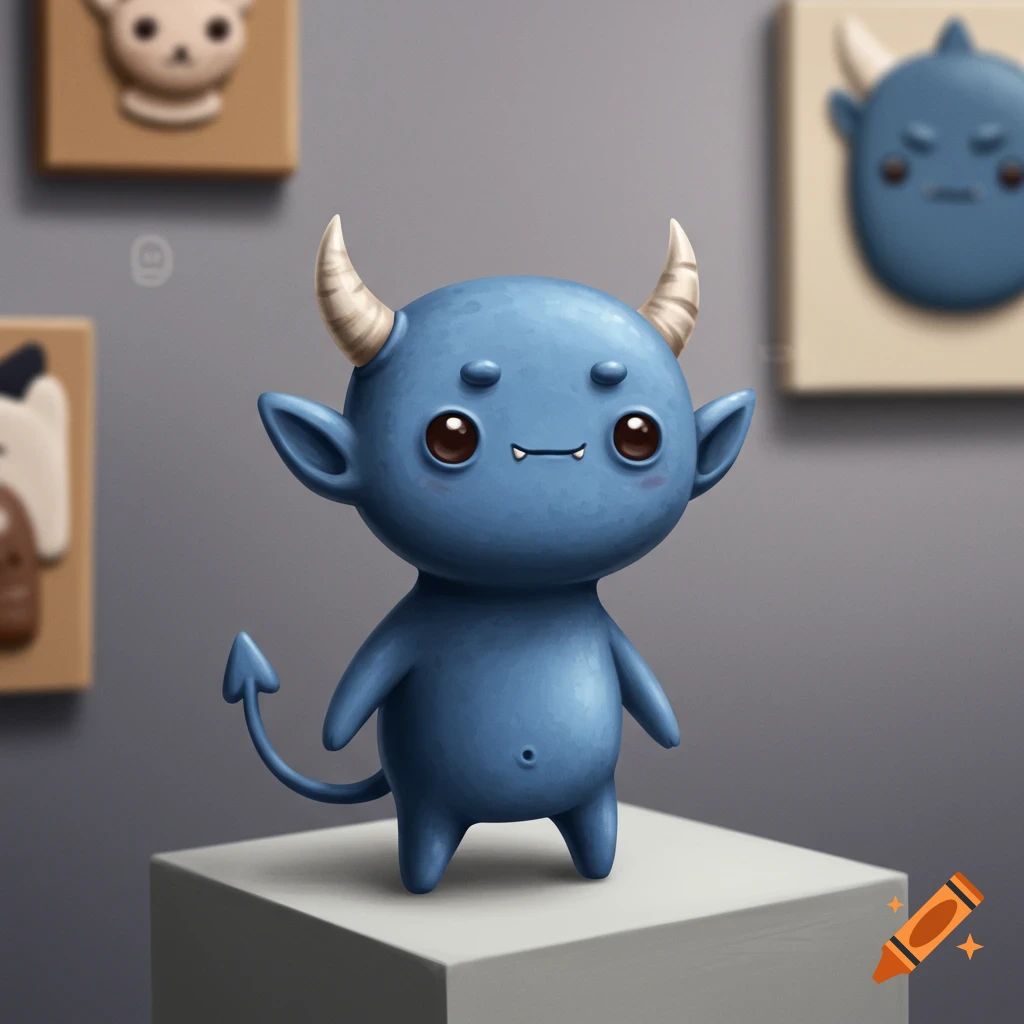 A cute blue devil character standing on a pedestal in a gallery on Craiyon