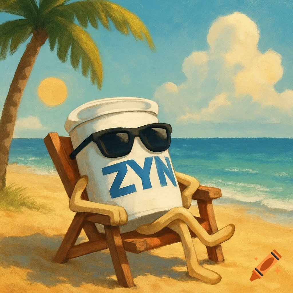 A cartoon can of Zyn sitting in a beach chair wearing sunglasses ...
