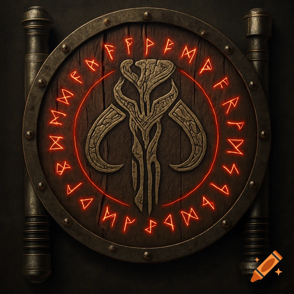 Viking shield with glowing red runes around a Mythosaur skull symbol ...