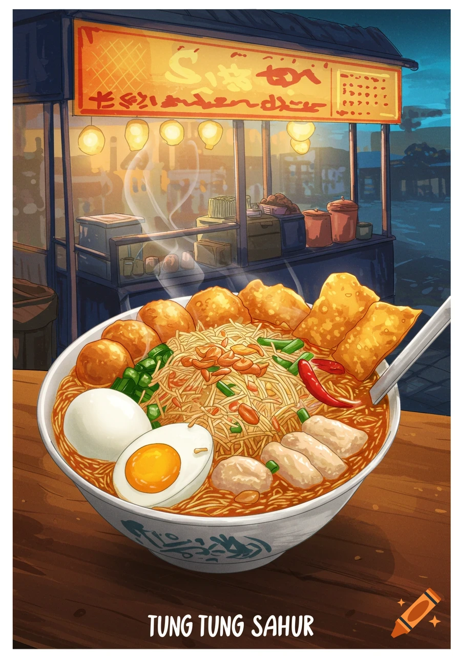 Anime illustration of a bowl of noodles and toppings in front of a ...