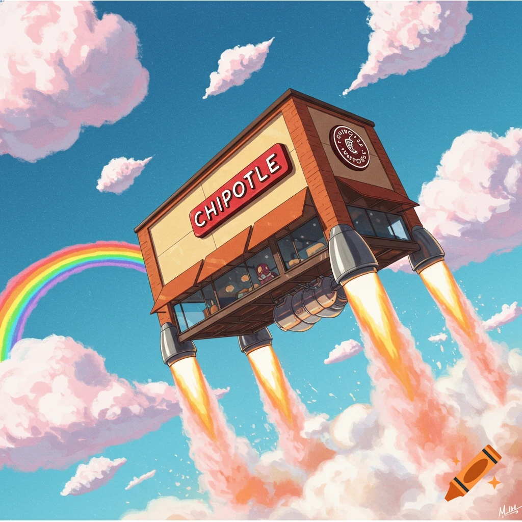 An illustration of a Chipotle restaurant building flying through a ...
