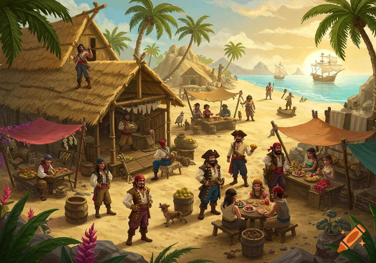 Illustration of a pirate village on a sunny tropical island beach with ...