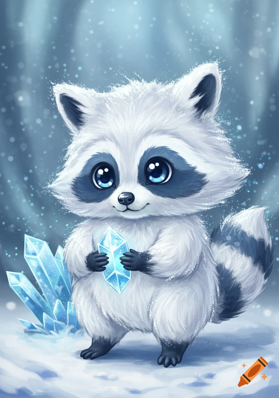 A cute cartoon raccoon holding a blue ice crystal in a snowy scene. on ...