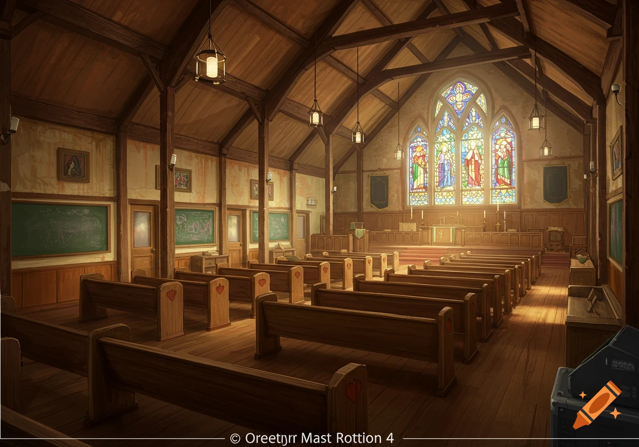 Interior view of a church sanctuary with wooden pews, stained glass ...