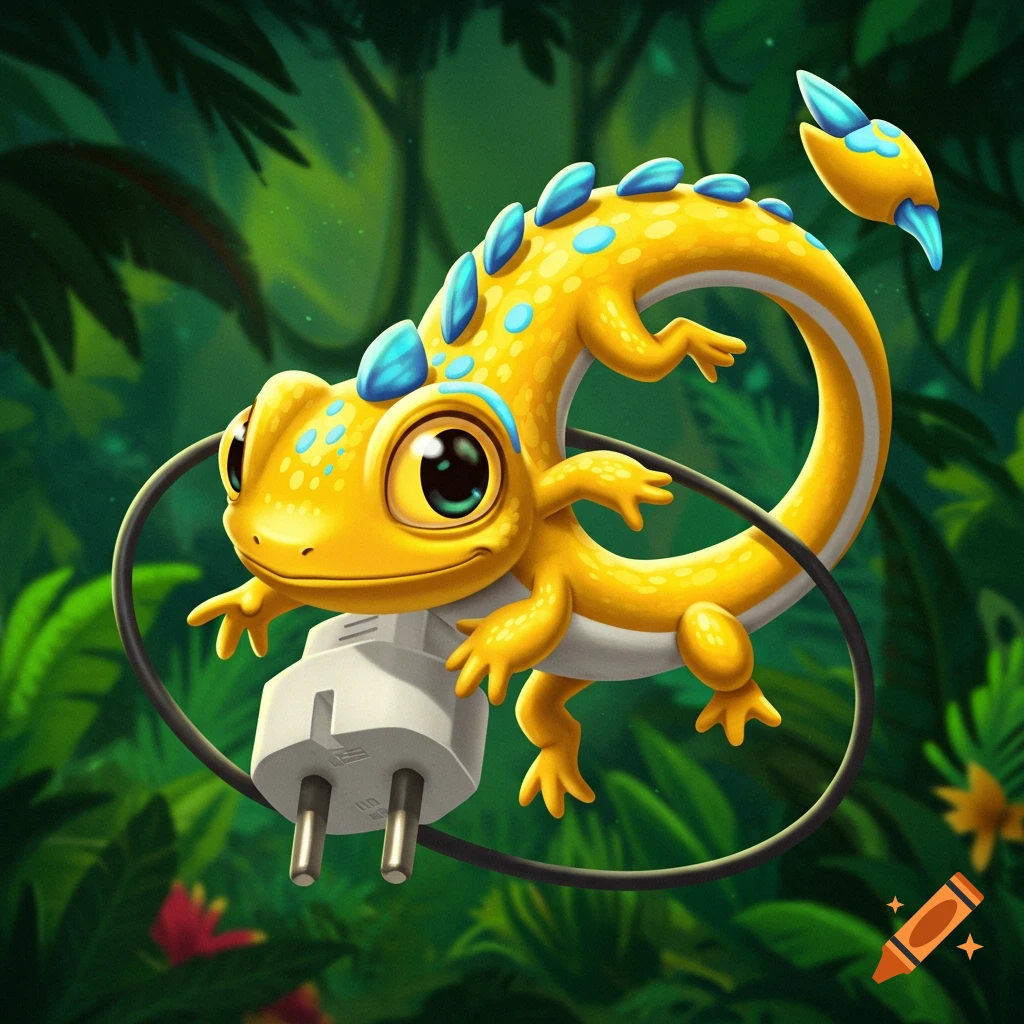 Cute yellow lizard with blue spots wrapped around an electrical plug in ...