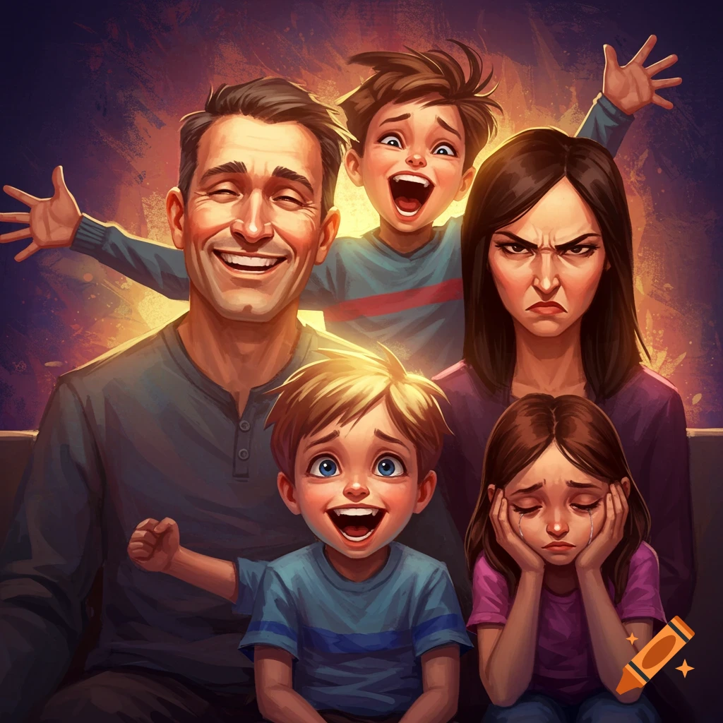 Illustration of a family of four with varied exaggerated expressions ...