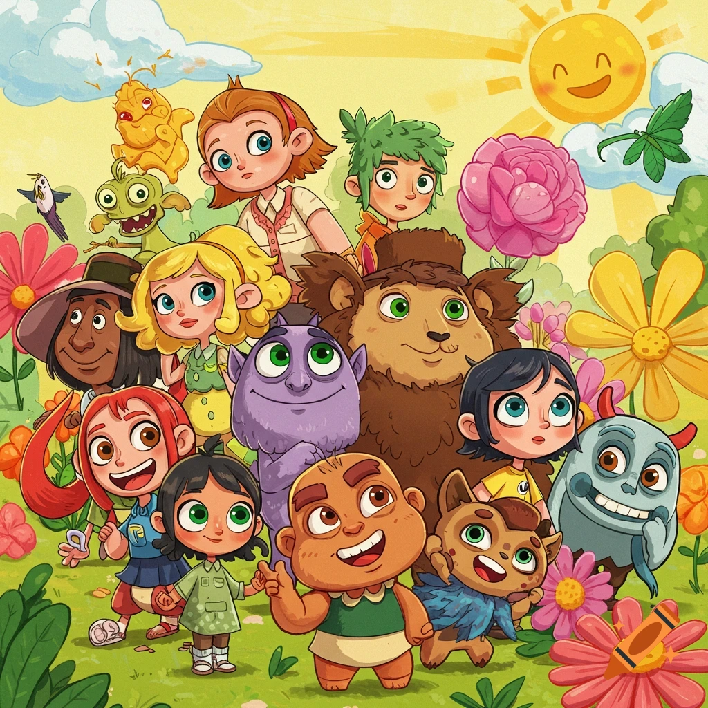 A diverse group of cartoon characters, including humans and creatures ...