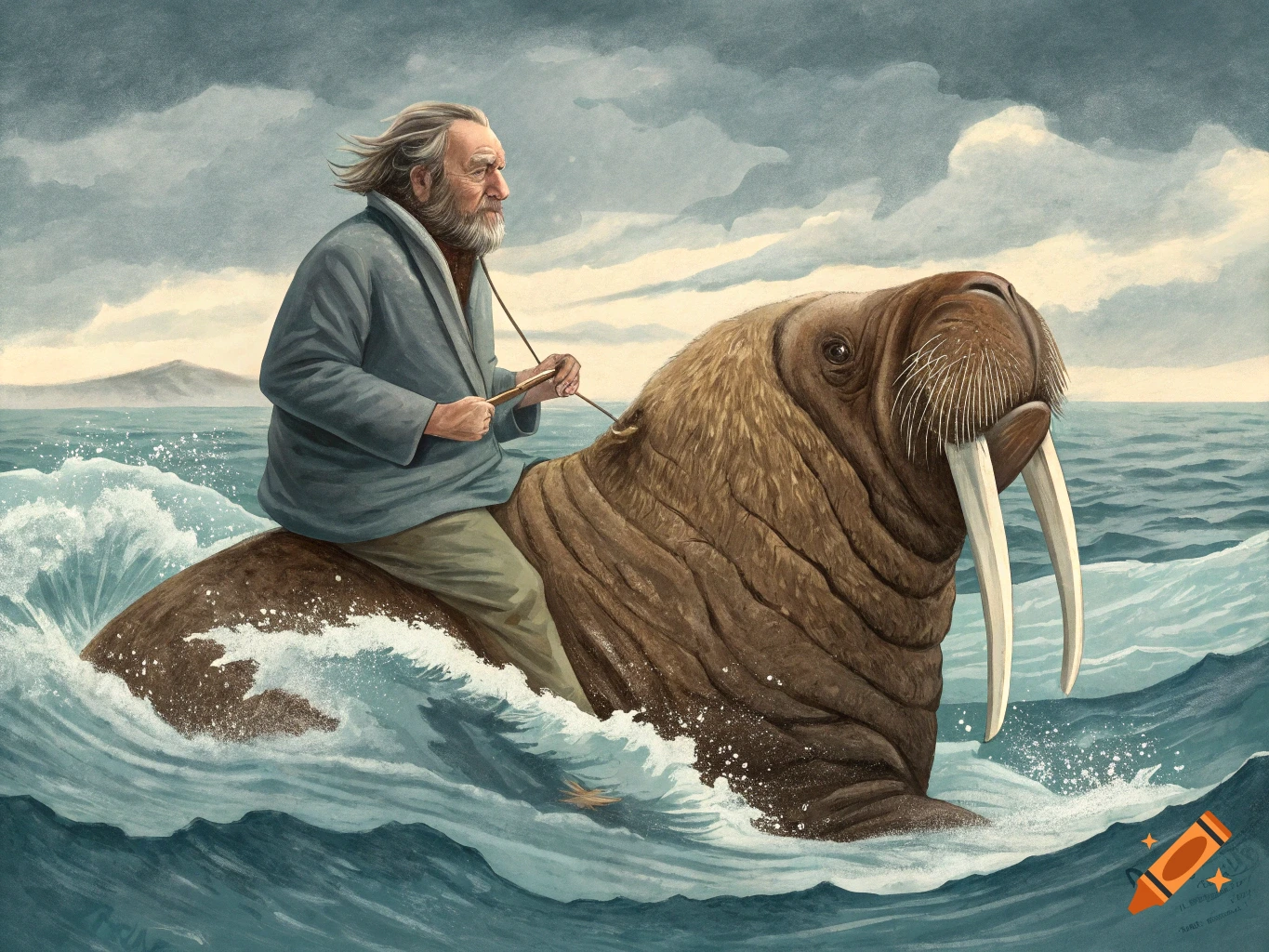 Illustration of a man riding a walrus through rough sea waves. on Craiyon