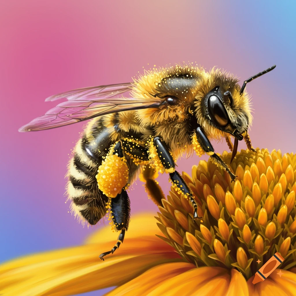 Close-up of a fuzzy bee covered in yellow pollen, perched on a yellow ...