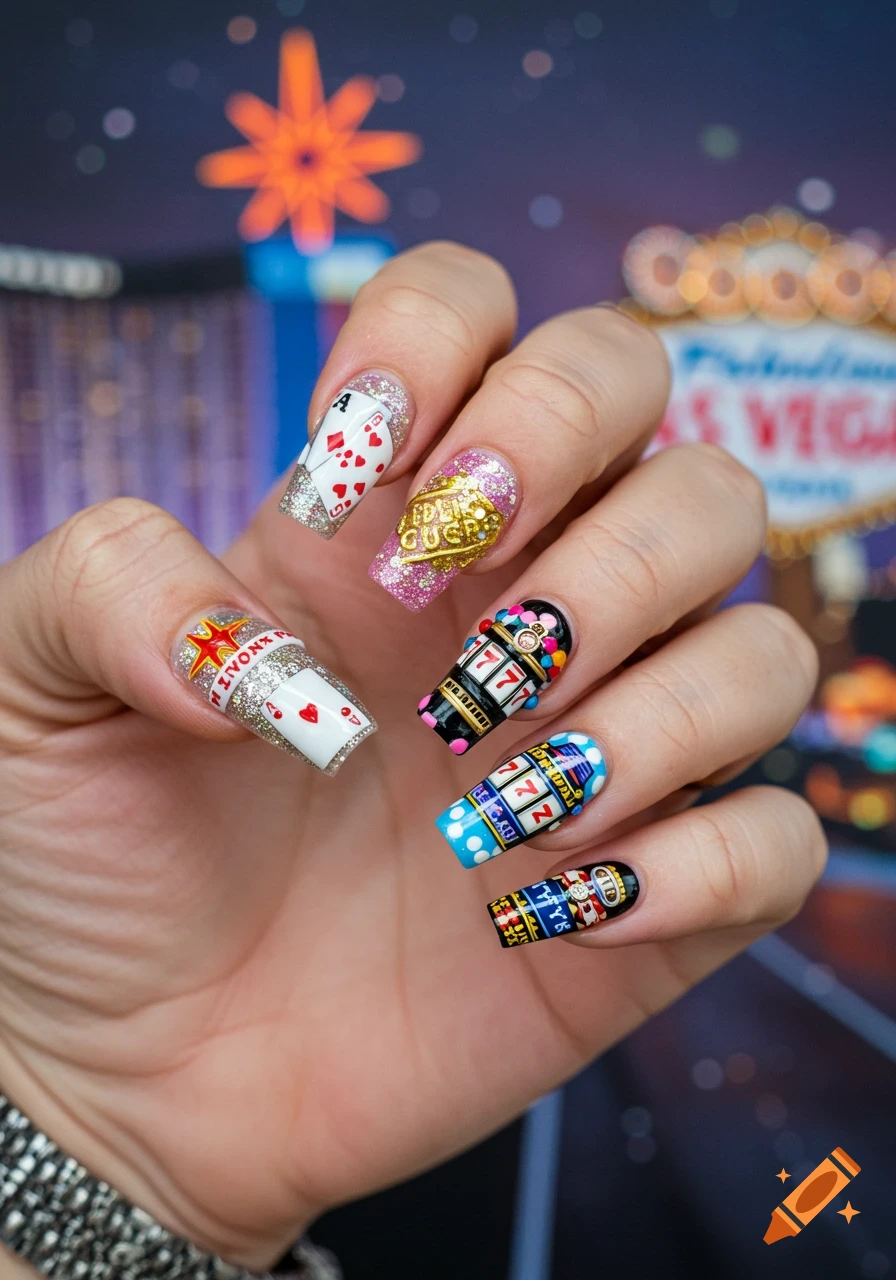 A hand displays long acrylic nails decorated with Las Vegas casino ...