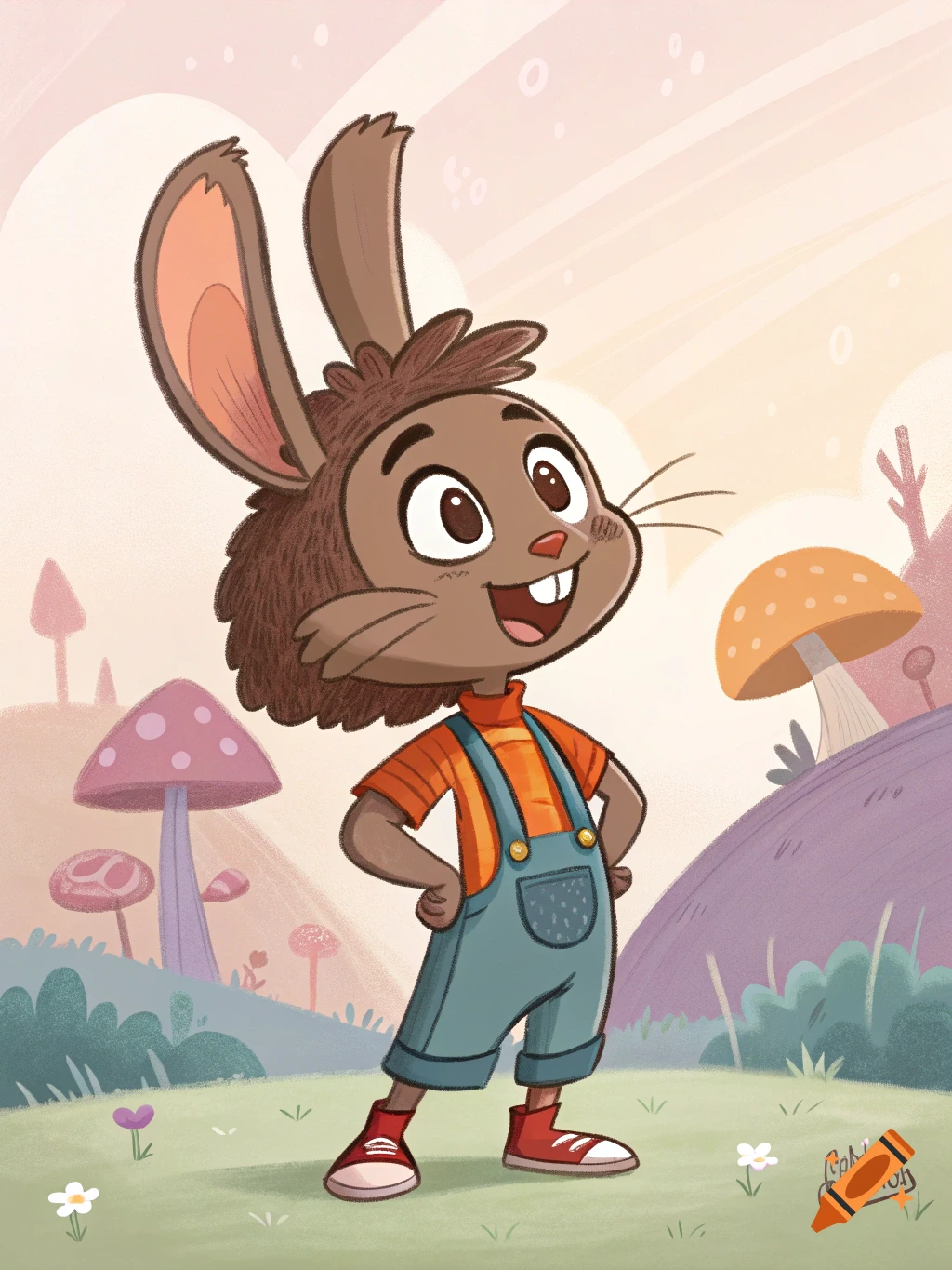 A cartoon rabbit character wearing overalls stands in a whimsical field ...